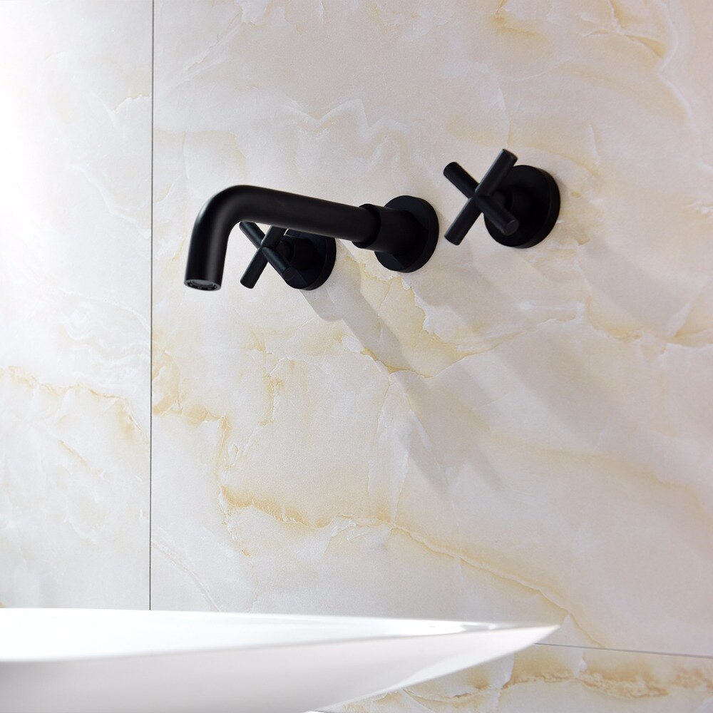 Brass Black Concealed Bathroom Basin Sink Tap Double Handle Wall Mount ...